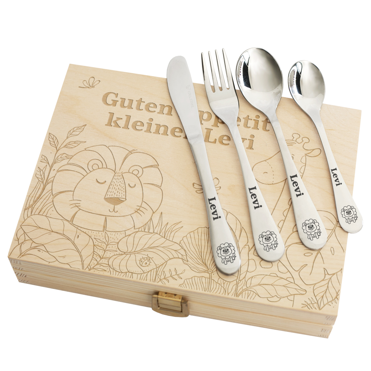 Personalisiertes Kinderbesteck-Set - Löwe | Graviertes Besteck für Kinder